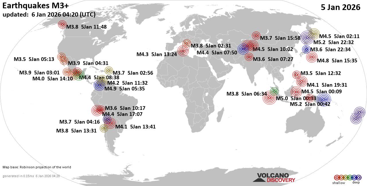 World Earthquake Report for Monday, 5 January 2026 | VolcanoDiscovery