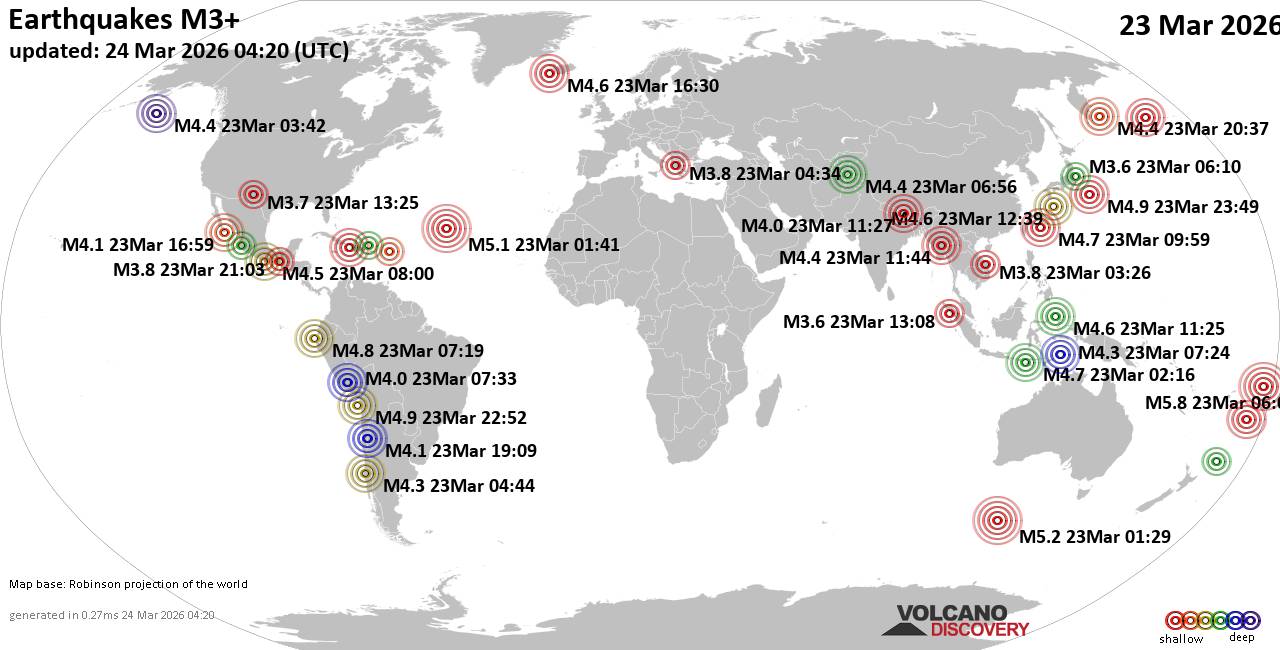 World Earthquake Report for Monday, 23 March 2026 | VolcanoAdventures