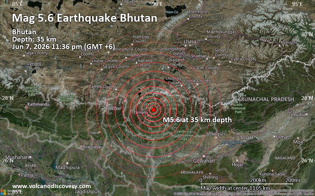 Significant Magnitude 5.6 Earthquake 28 km Northeast of Thimphu, Bhutan