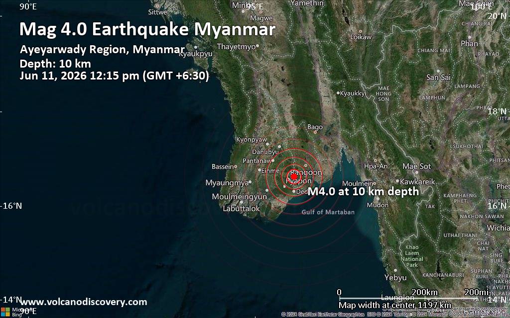 Moderate Magnitude 4.0 Earthquake 12 km Southwest of Twante, Myanmar ...
