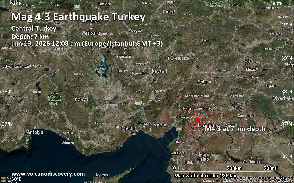 Moderate 4.3 Quake Hits Near Gaziantep, Turkey | VolcanoDiscovery
