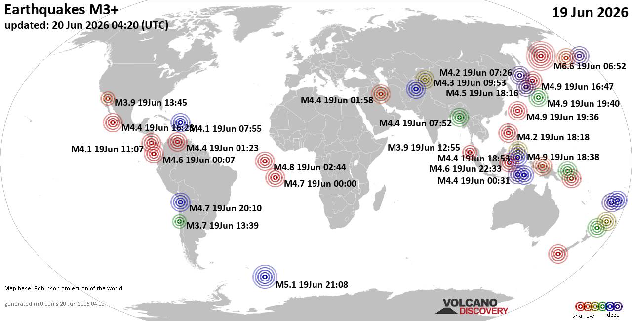 World Earthquake Report for Friday, 19 June 2026 | VolcanoDiscovery